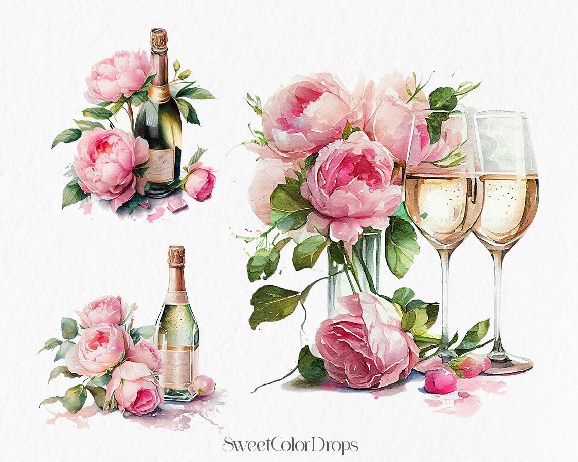 Celebration Clipart, Watercolor Party Clipart, Painted Champagne Bottle ...