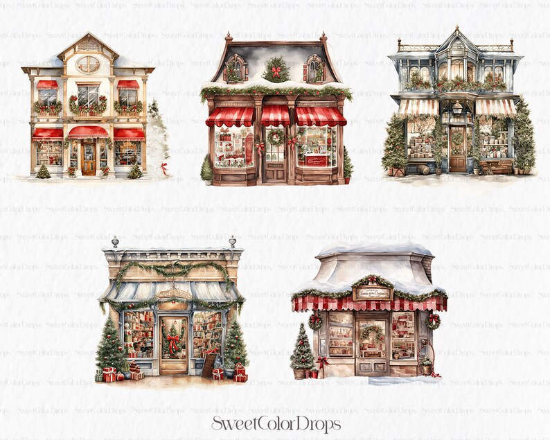 Christmas Shops Watercolor Clipart PNG - Christmas Storefront Festive ...