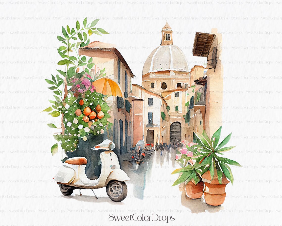 Italy Watercolor Clipart PNG Travel Tuscany Florence Summer Retro ...