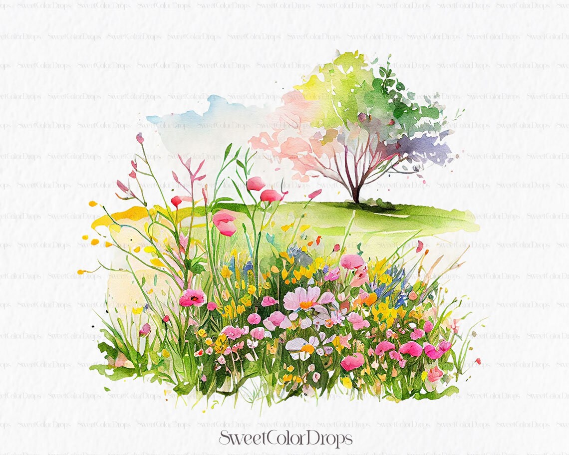 Meadow Flower Watercolor Clipart PNG - Field Landscape Wildflowers ...