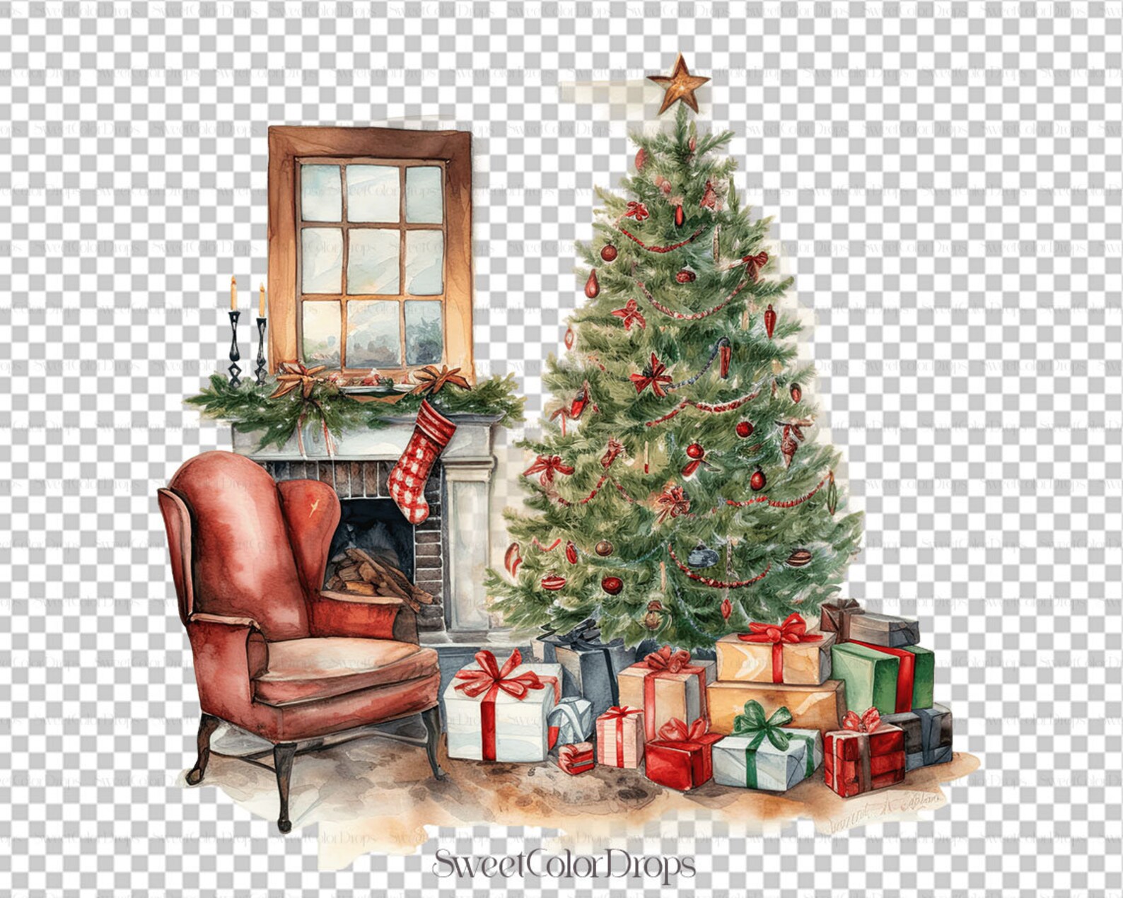 Christmas Cozy Scene Watercolor Clipart PNG - Cozy Winter Holiday ...