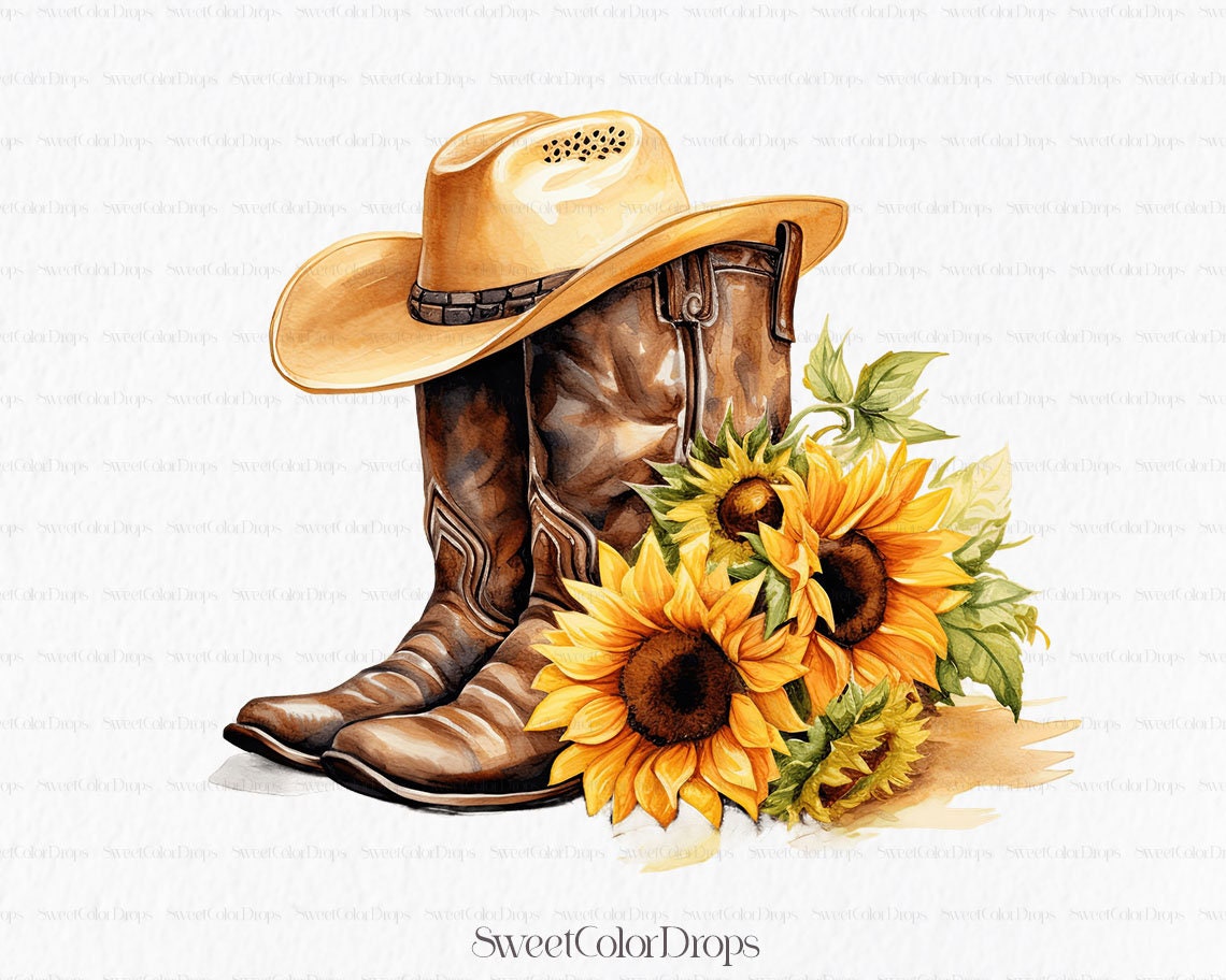 Cowboy Boots Watercolor Clipart PNG Cowboy Hat Sunflowers Wild West ...