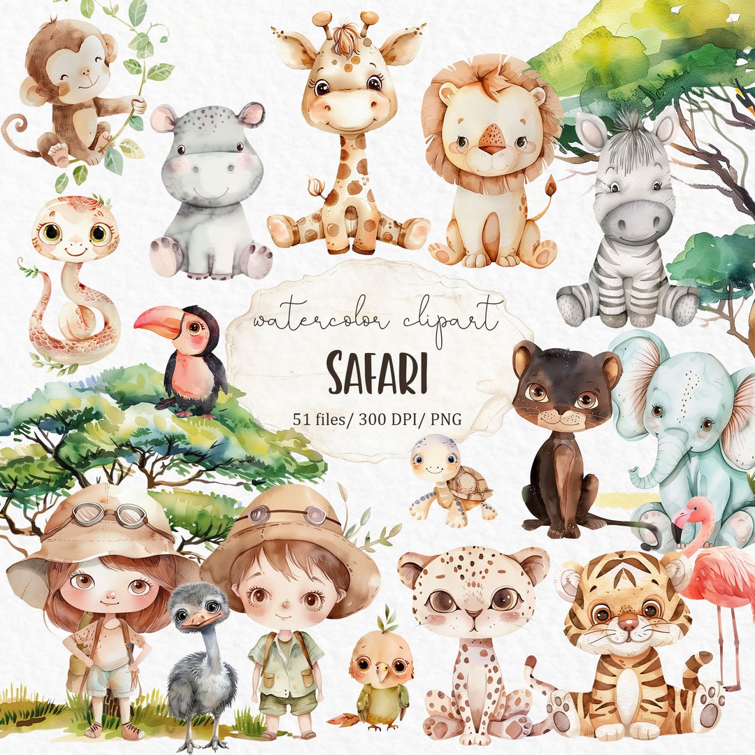 Safari Animals Clipart PNG - Baby Elephant, Turtle, Lion, Zebra, Tiger ...