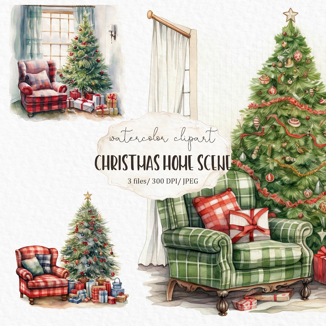 Christmas Home Scene Watercolor Clipart PNG - Festive Winter Background ...