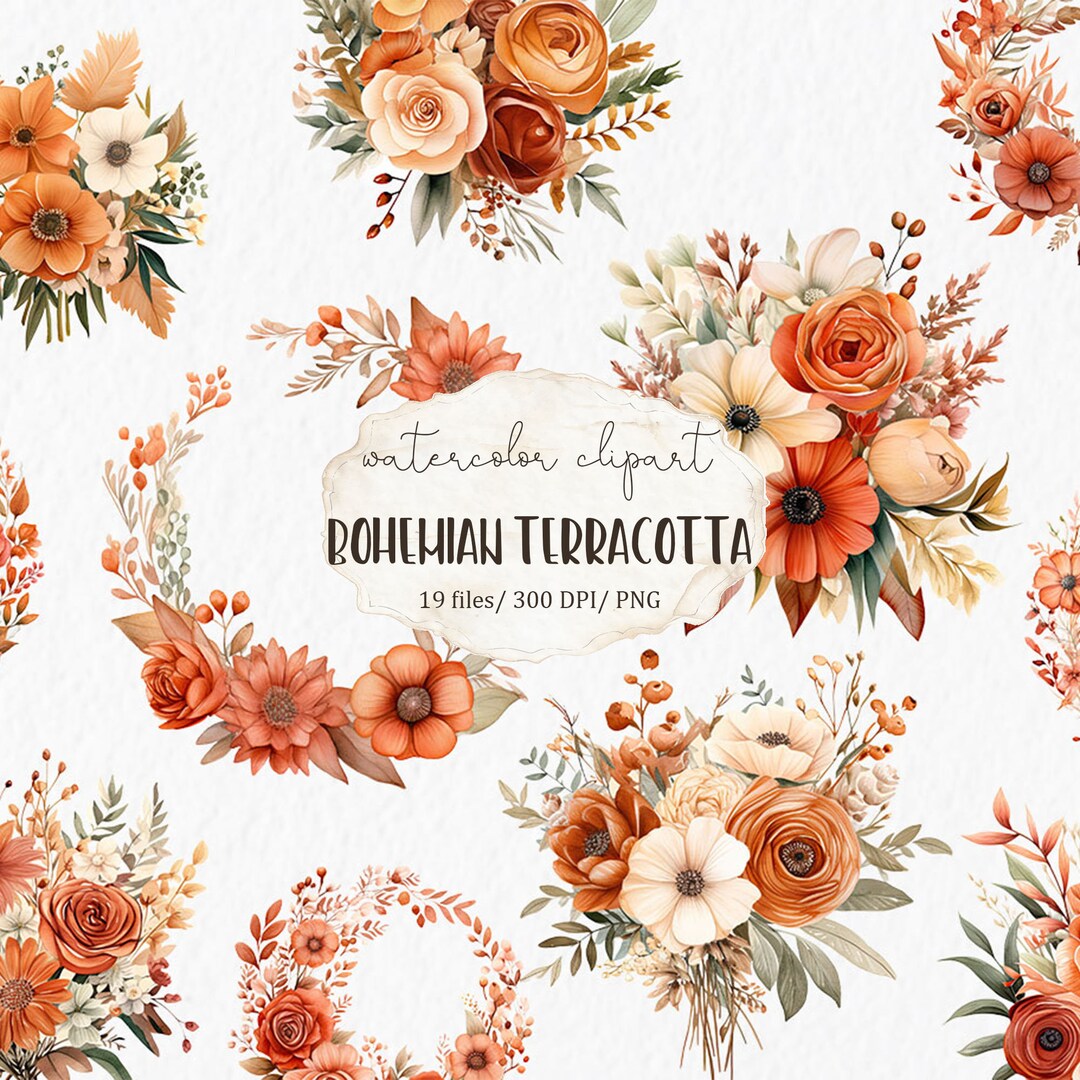 Bohemian Terracotta Flowers Watercolor Clipart PNG - Bouquet Boho ...