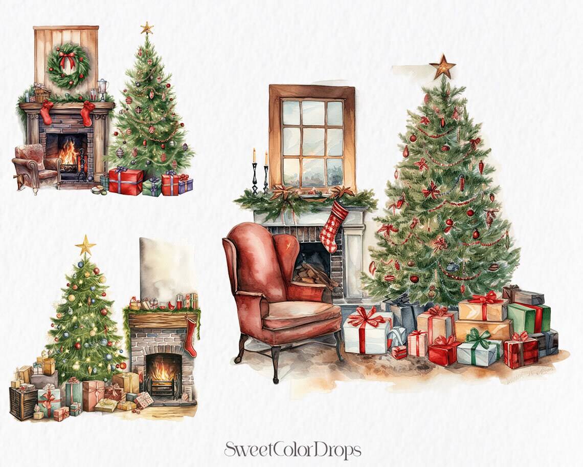 Christmas Cozy Scene Watercolor Clipart PNG - Cozy Winter Holiday ...
