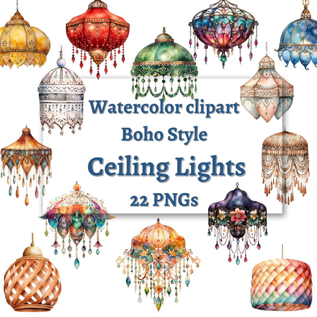 Watercolor Boho Lights Clipart, Ceiling Lamps Bohemian Style Clipart ...