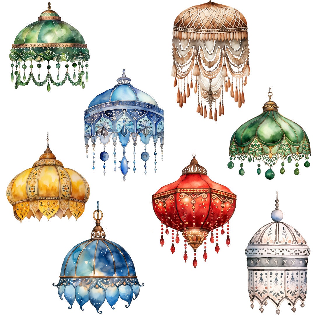 Watercolor Boho Lights Clipart, Ceiling Lamps Bohemian Style Clipart ...