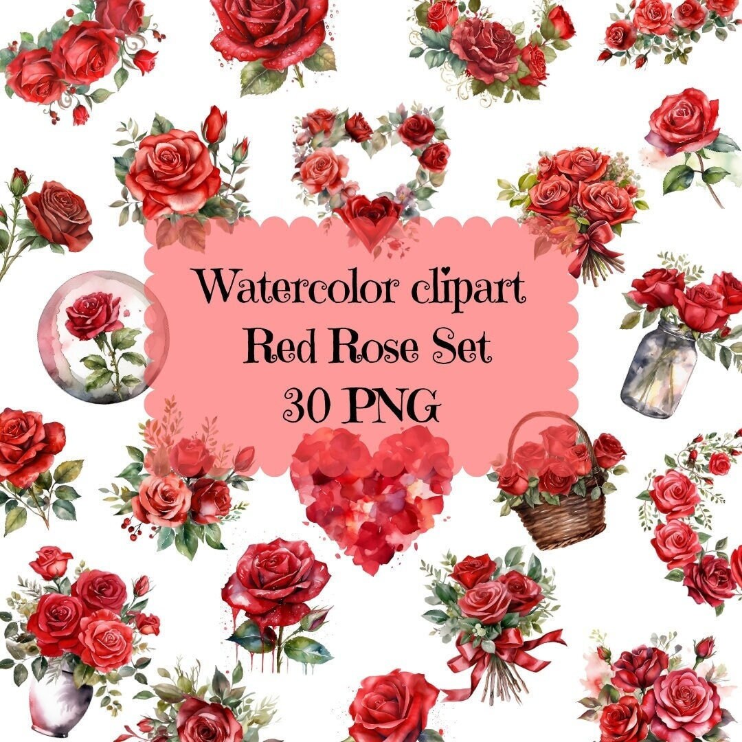 Watercolor Red Rose Clipart Flower Clipart 30 PNG Clipart Transparent ...
