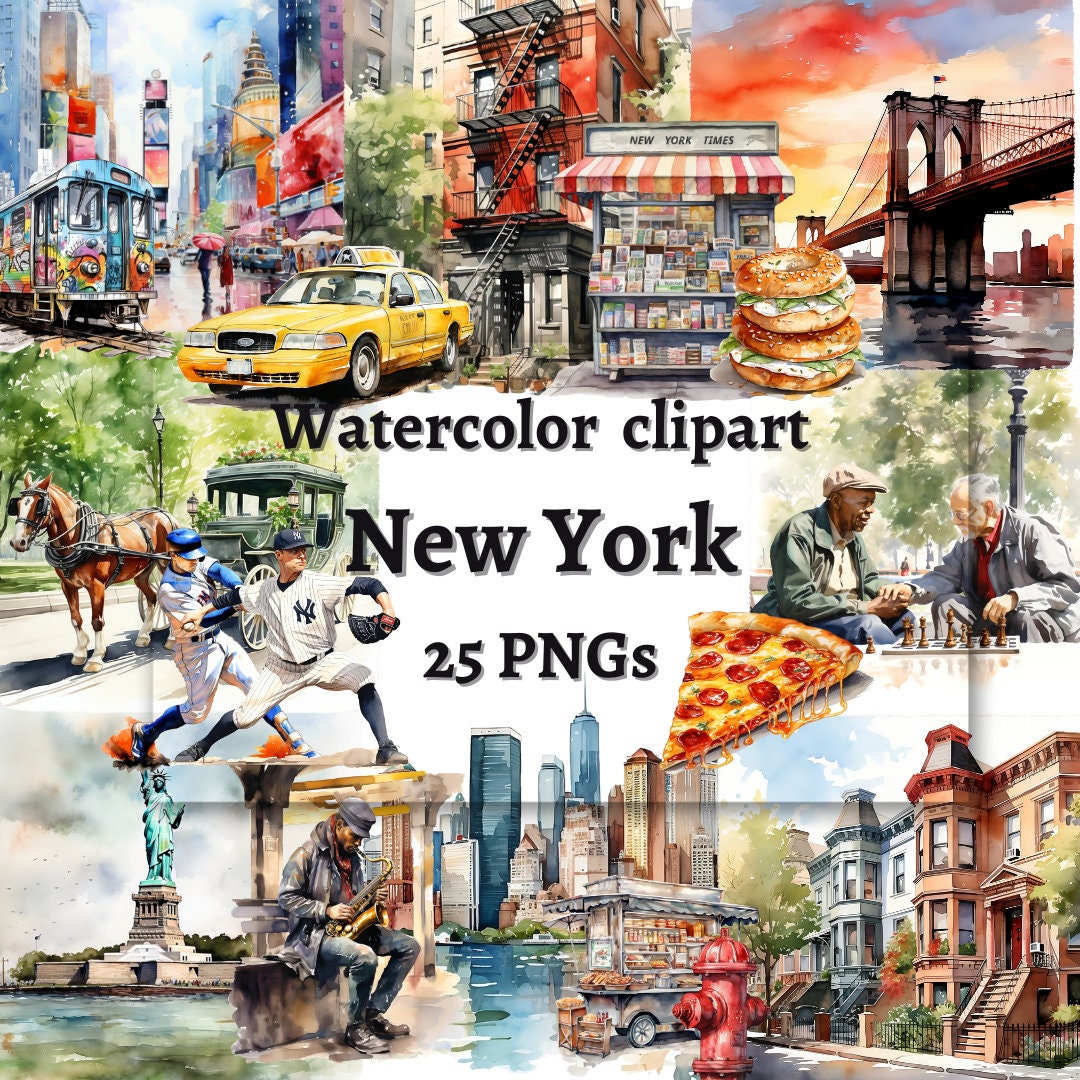 Watercolor New York City Clipart, Concrete Jungle the Big Apple Clipart ...