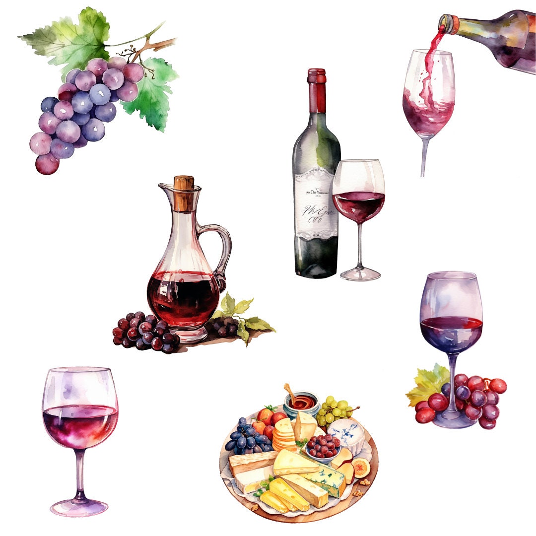 Wine O'clock Watercolor Clipart, Wine Bottles and Wine Glasses Clipart ...