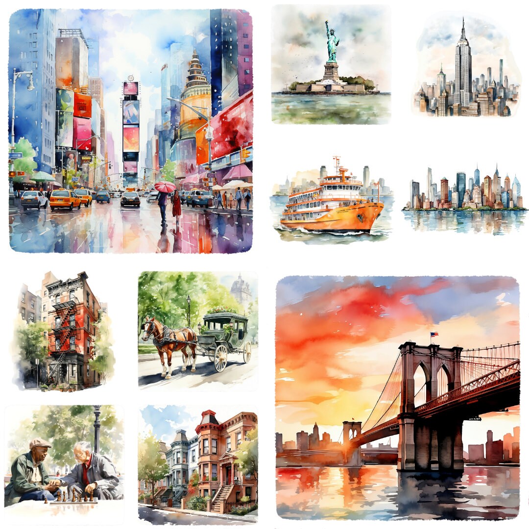 Watercolor New York City Clipart, Concrete Jungle the Big Apple Clipart ...