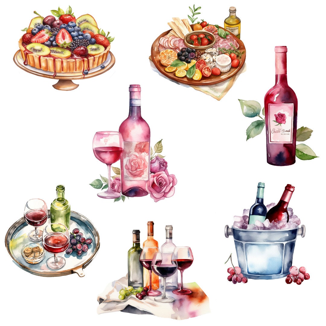 Wine O'clock Watercolor Clipart, Wine Bottles and Wine Glasses Clipart ...