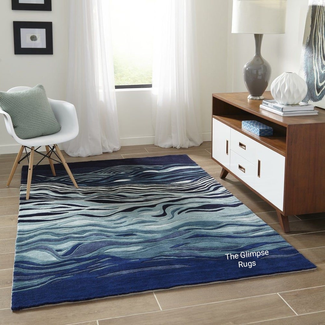 Ocean Wave Rug Illusion Stripes & Hand-tufted 100% Wool Handmade Area ...