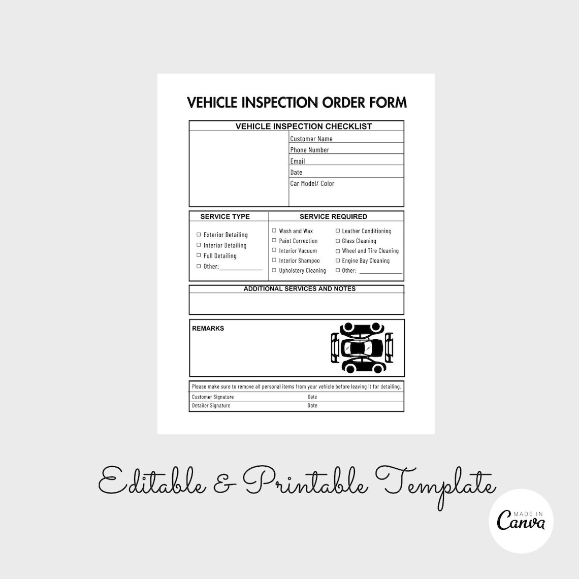 Auto Detailing Work Order Temple, Vehicle Inspection Checklist ...