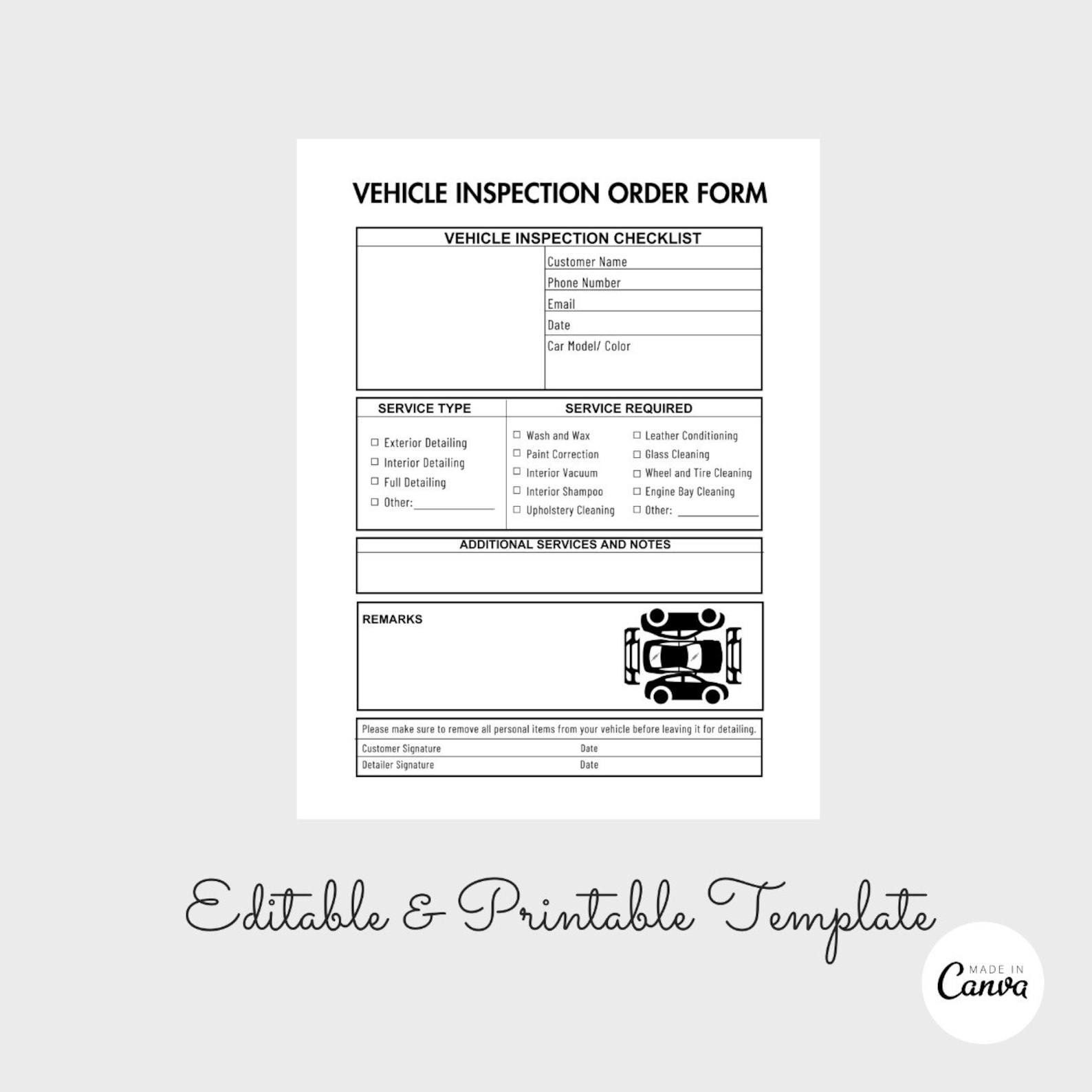 Auto Detailing Work Order Temple, Vehicle Inspection Checklist ...