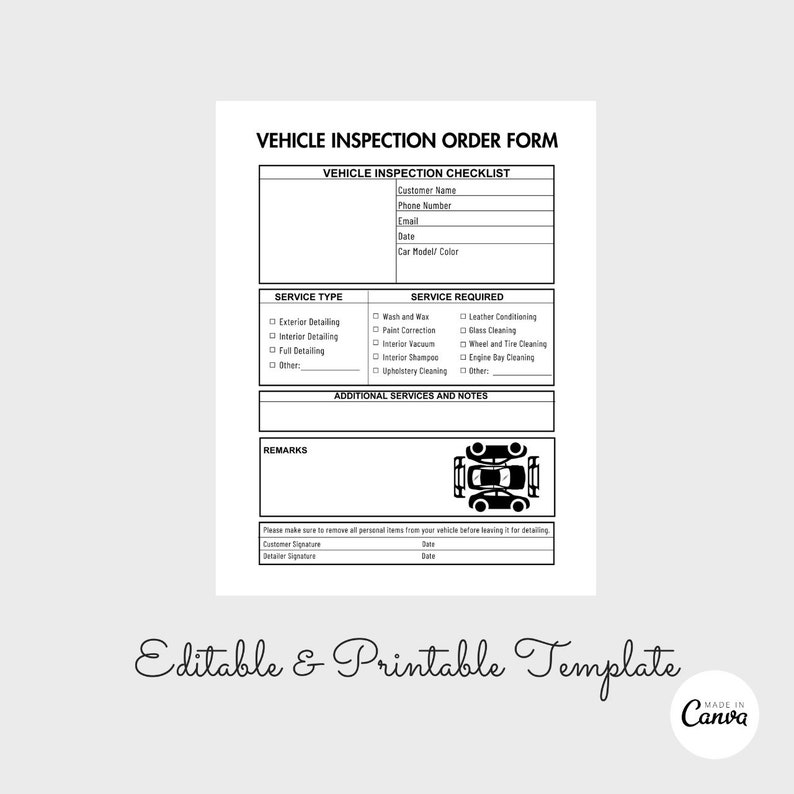 Auto Detailing Work Order Temple, Vehicle Inspection Checklist ...