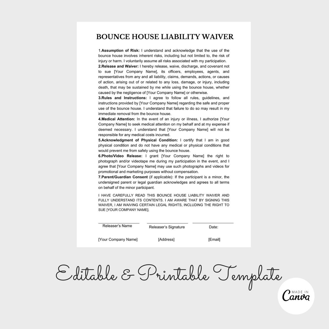 Bounce House Liability Waiver. Business Waiver Form, Party Rental ...