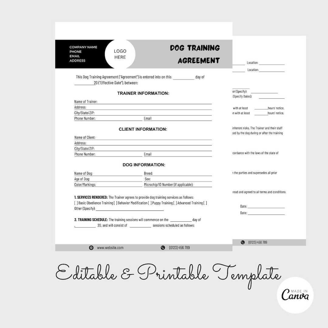 Dog Training Agreement, Dog Training Service Contract, Contract for Dog ...