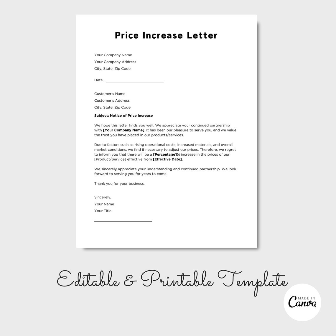 Price Increase Letter - Business Letter - Price Increase Memo - Price Change Letter - Price ...