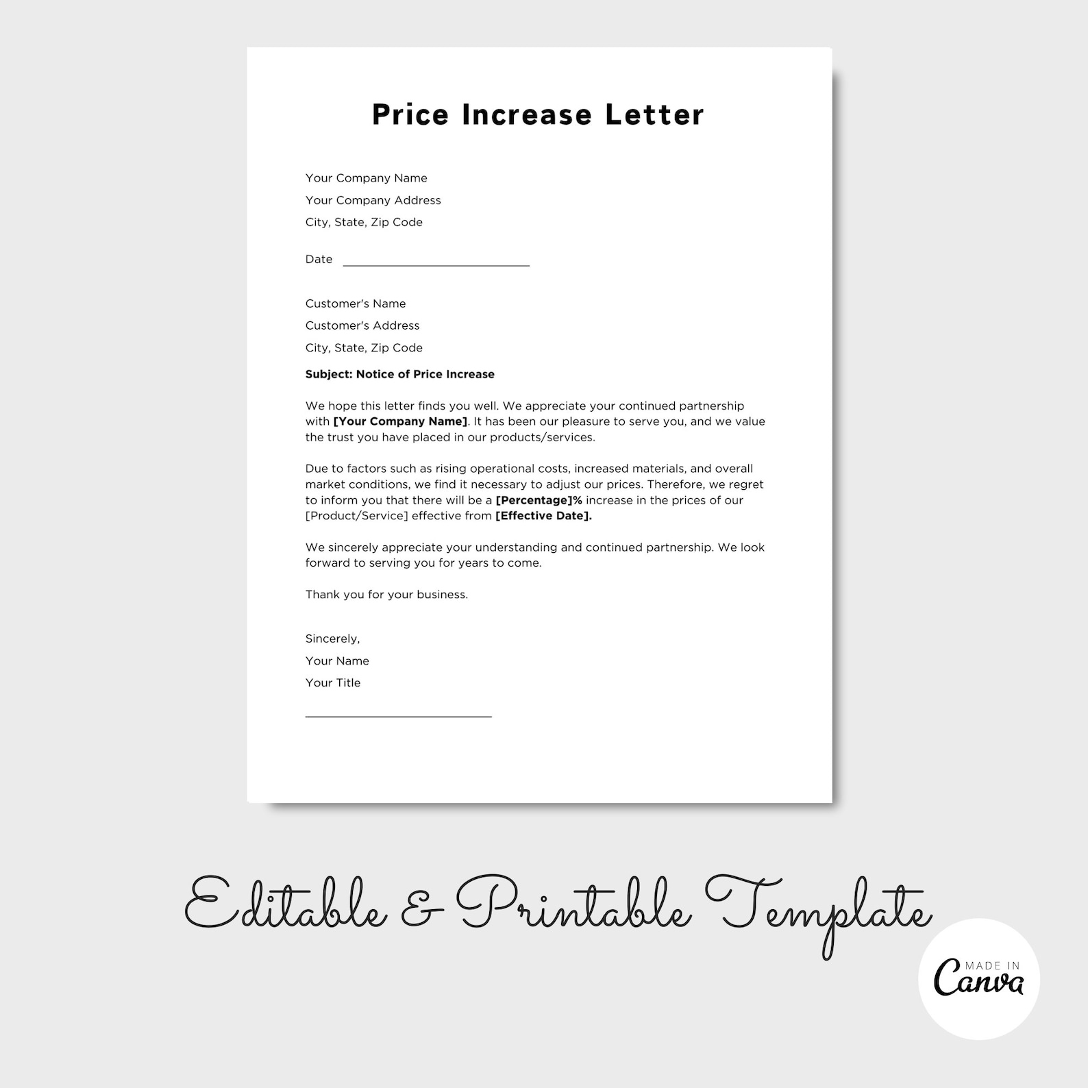 Price Increase Letter - Business Letter - Price Increase Memo - Price ...