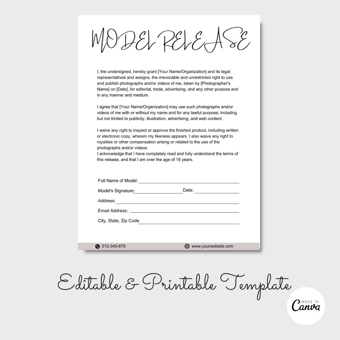 Model Release Form Template, Photography Form Template - Etsy