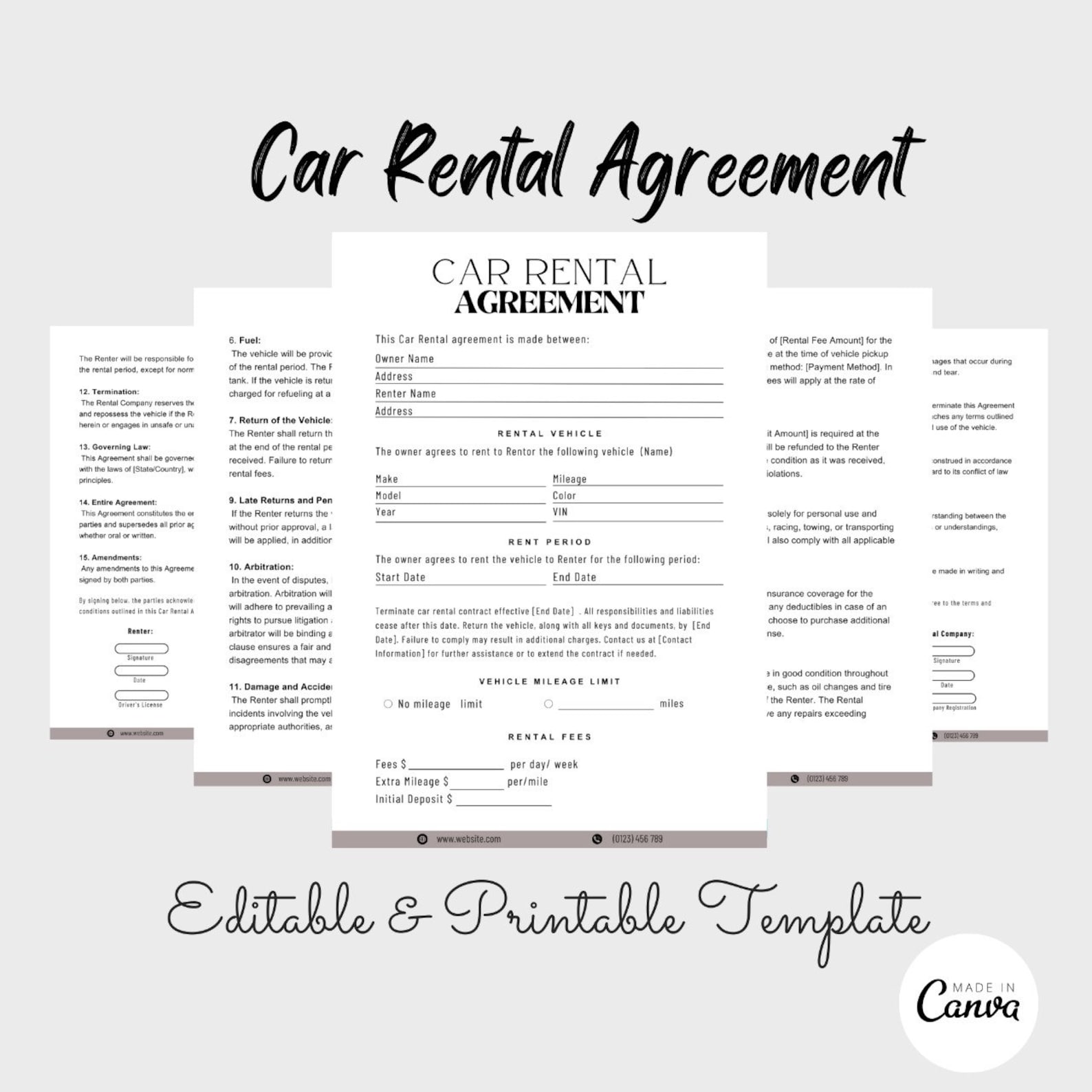 Car Rental Agreement, Car Rental Contract | Printable Vehicle Lease ...
