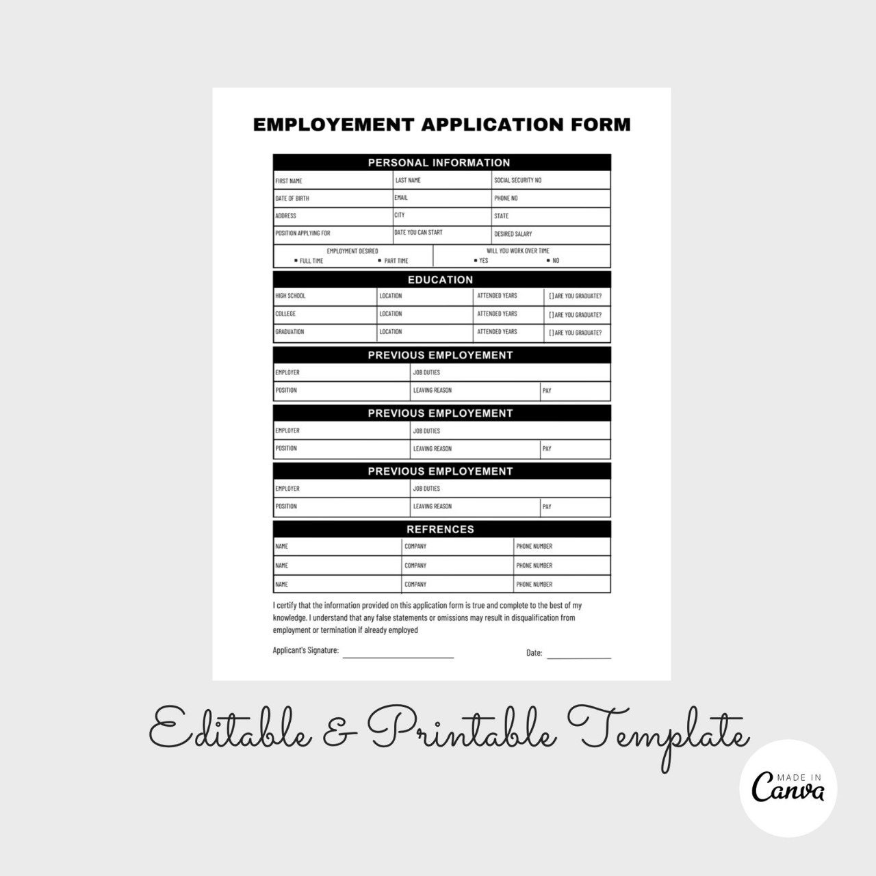 Employment Application Form Template, Job Application Form, New ...