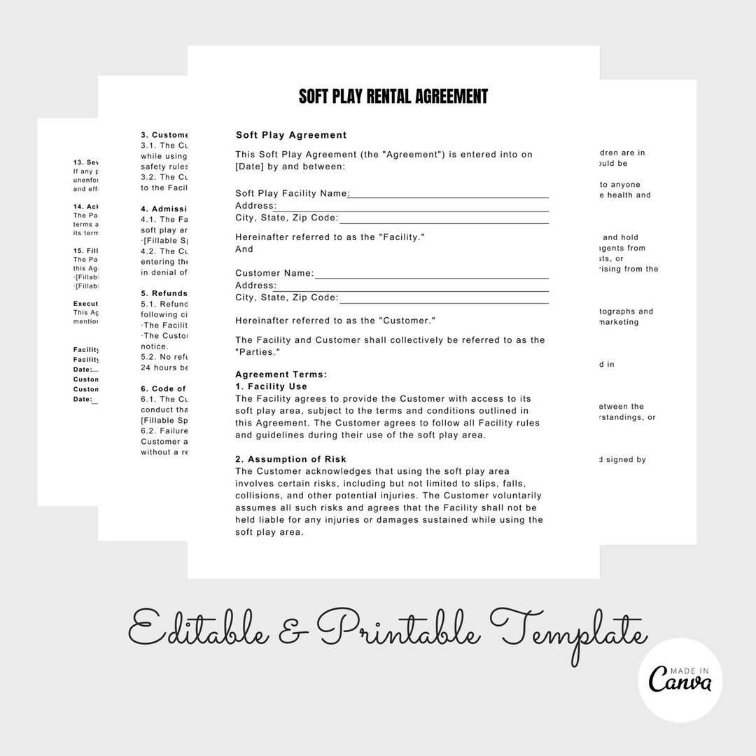 Soft Play Rental Agreement, 4 Page Editable Canva Template, Soft Play ...