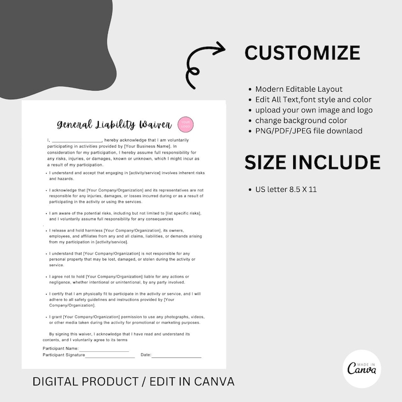 General Liability Waiver Template, Liability Form Agreement, Liability ...