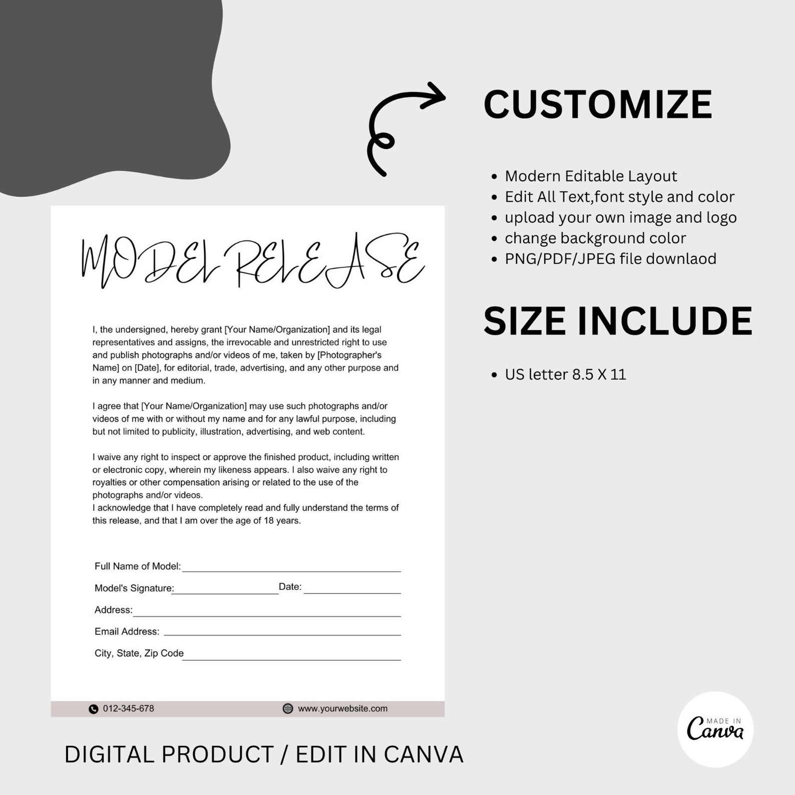 Model Release Form Template, Photography Form Template - Etsy