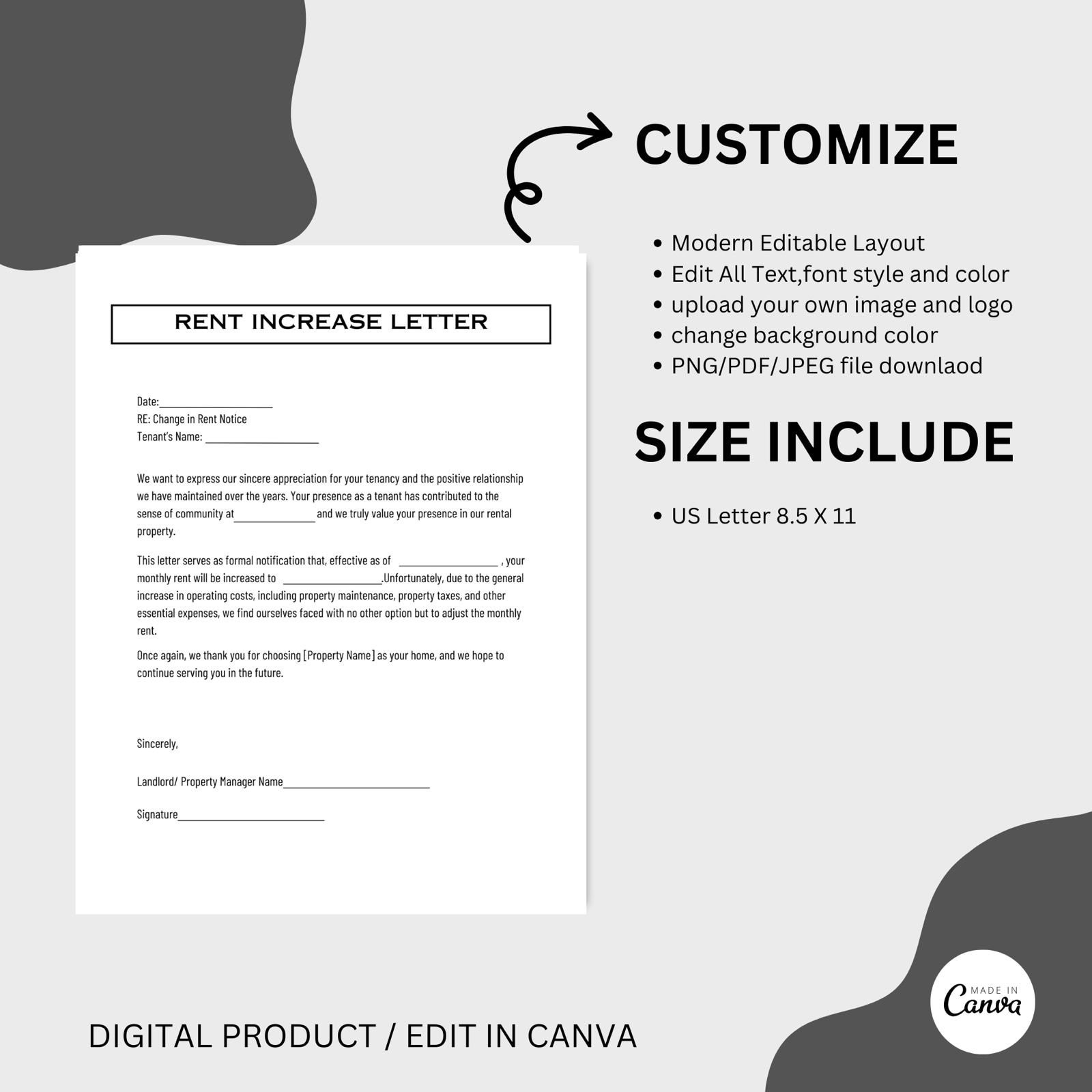 Editable Rent Increase Notice, Rent Increase Form, Tennant Notice, Rent ...