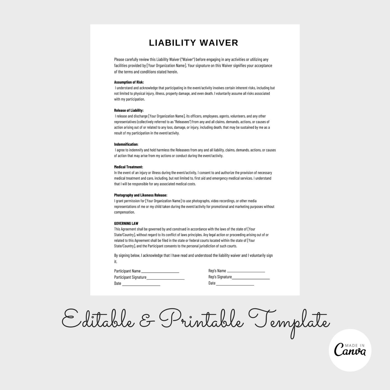 General Liability Waiver Template, Liability Form Agreement, Liability ...
