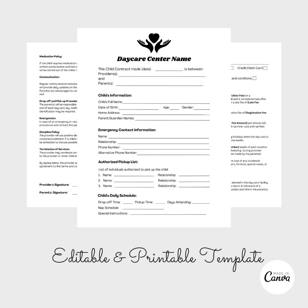Editable Daycare Contract, Daycare Forms, Childcare Forms, Daycare ...