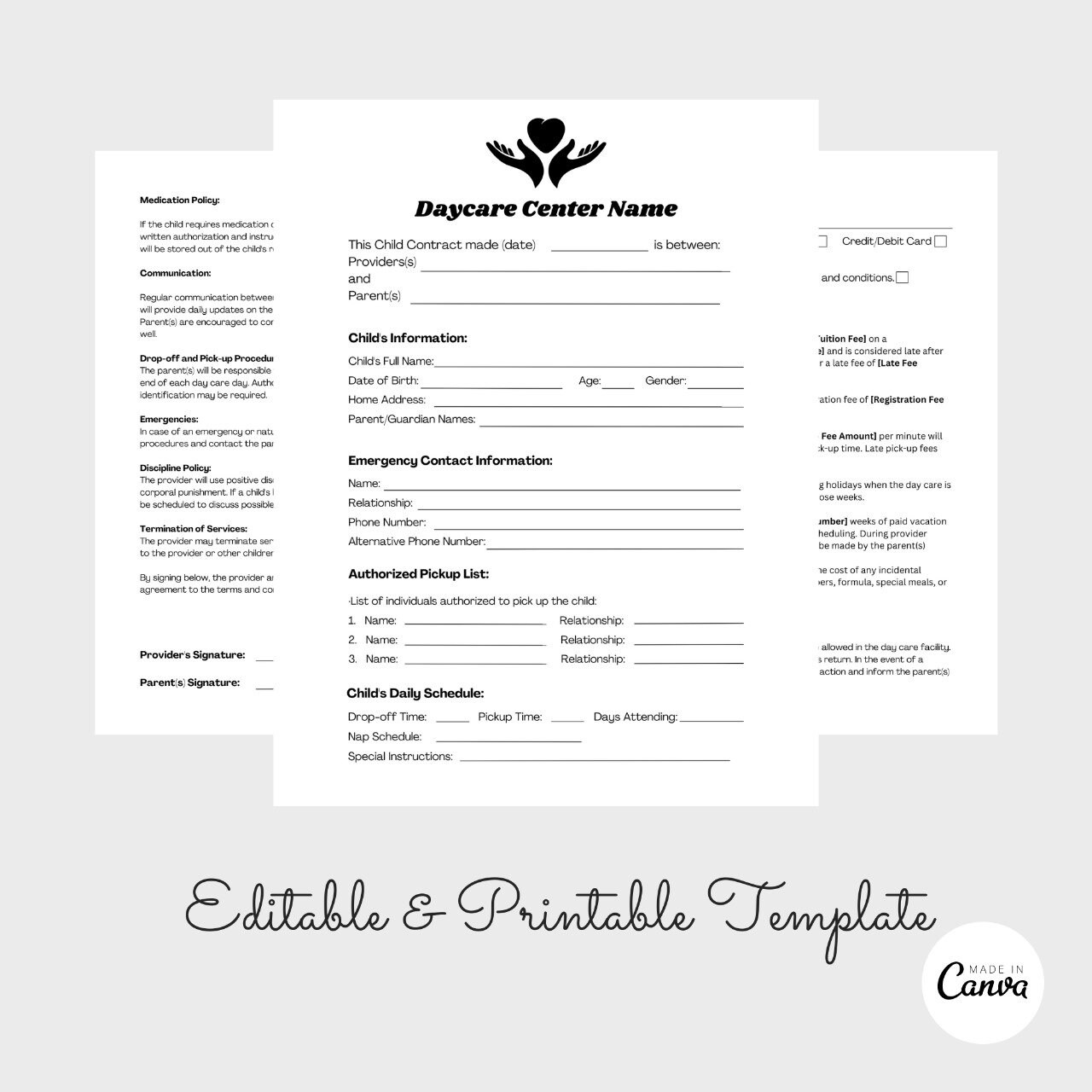 Editable Daycare Contract, Daycare Forms, Childcare Forms, Daycare ...