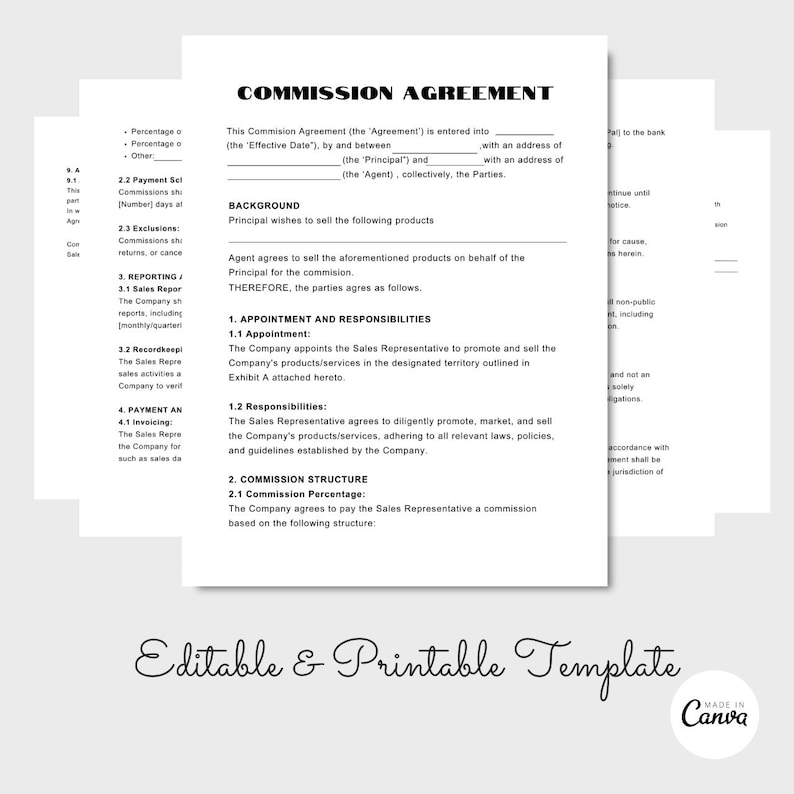 Editable Commission Sale Agreement, Sales Contract, Bonus Contract ...
