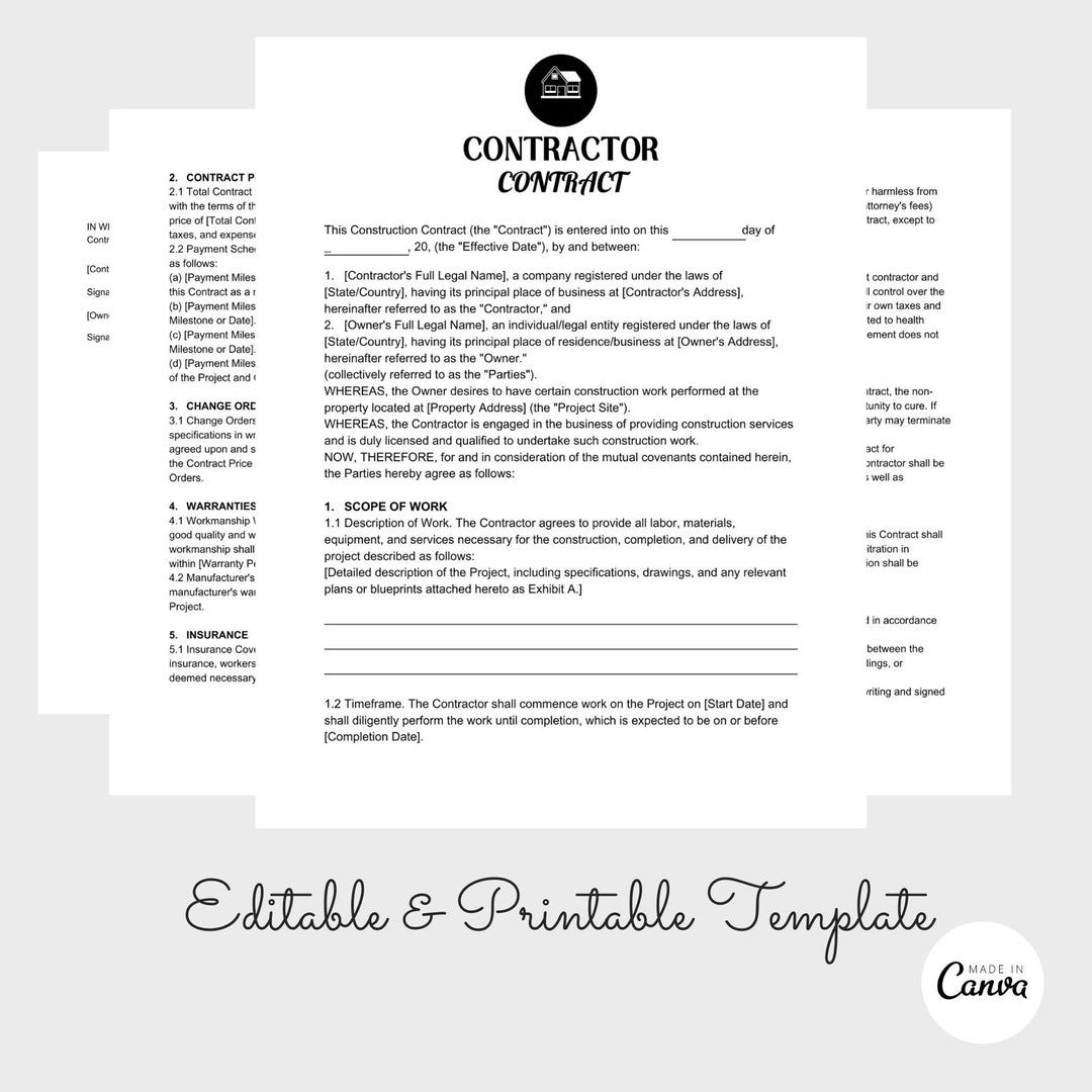 Editable Construction Contract, Contractor Contract Template, Simple ...