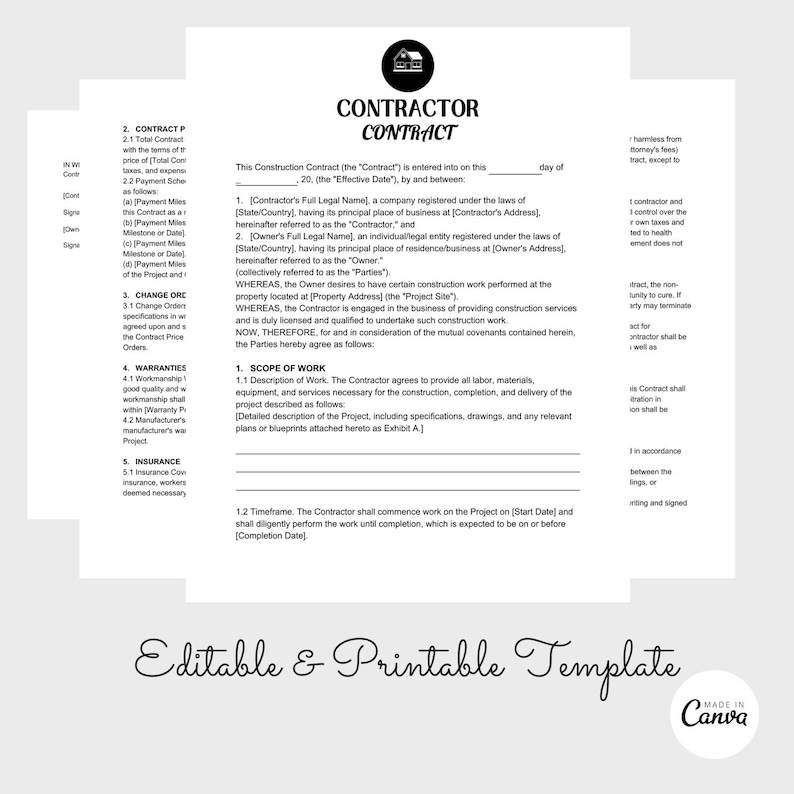 Editable Construction Contract, Contractor Contract Template, Simple ...