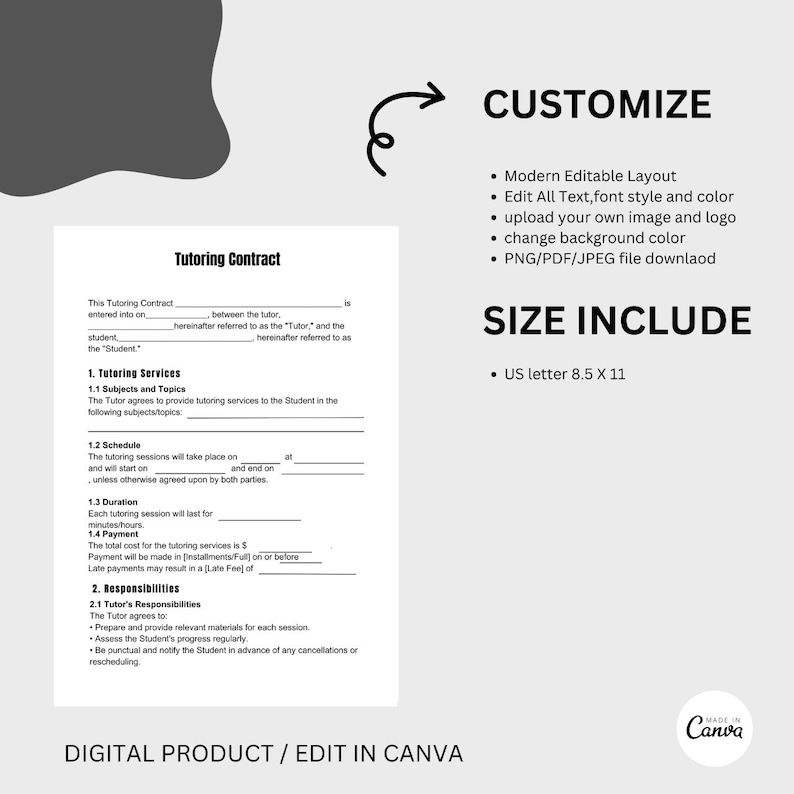 Editable Tutoring Contract, Tutoring Service Agreement, Private Tutor ...