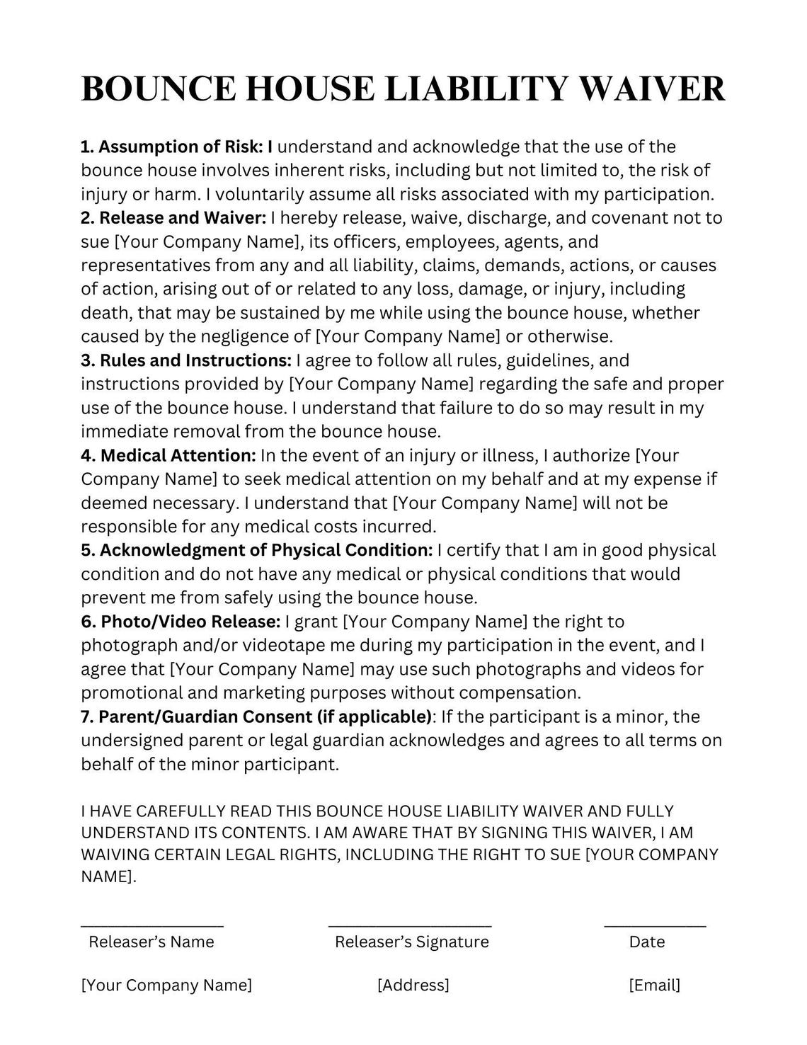 Bounce House Liability Waiver. Business Waiver Form, Party Rental ...