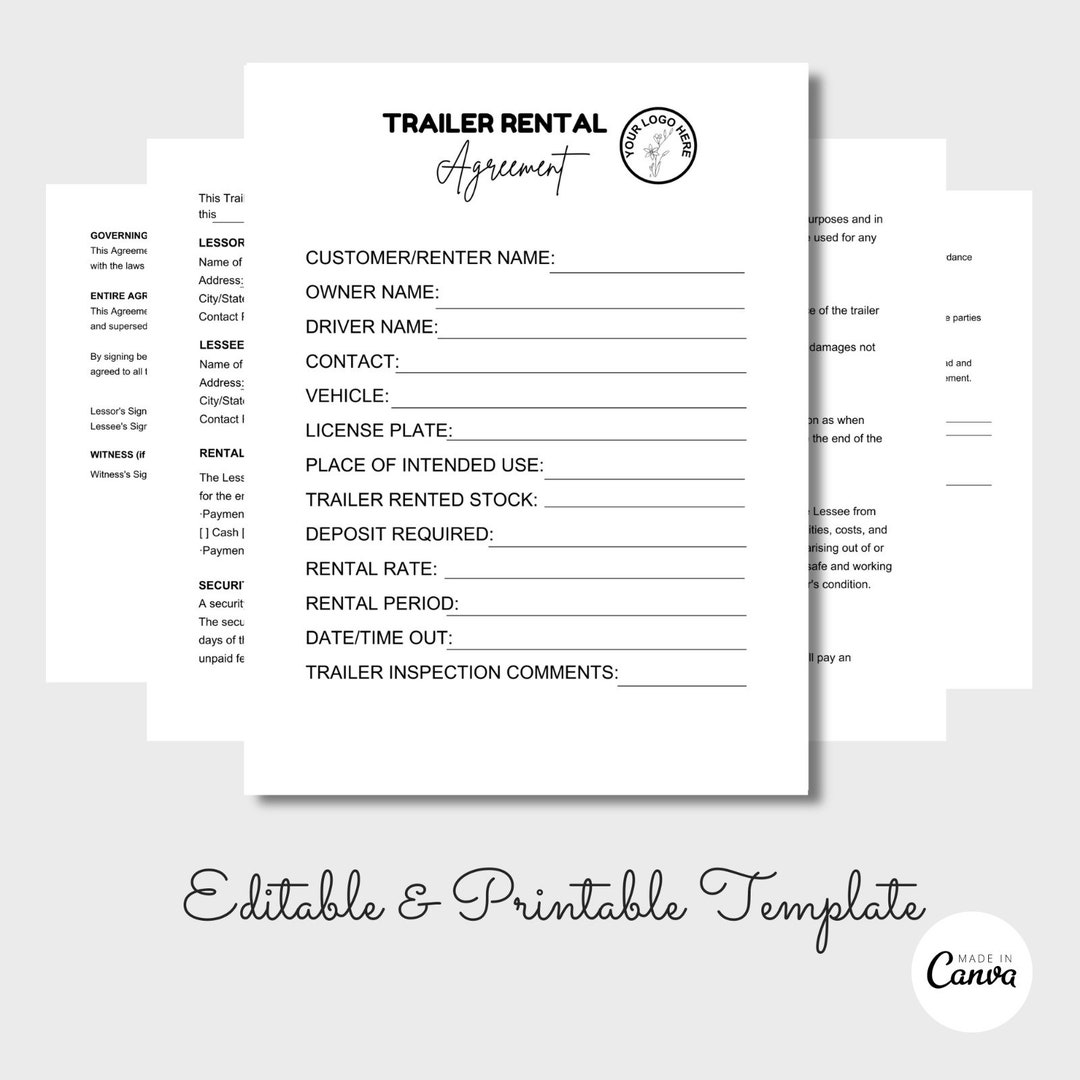 Trailer Rental Agreement, Trailer Lease Contract, Trailer Rental ...