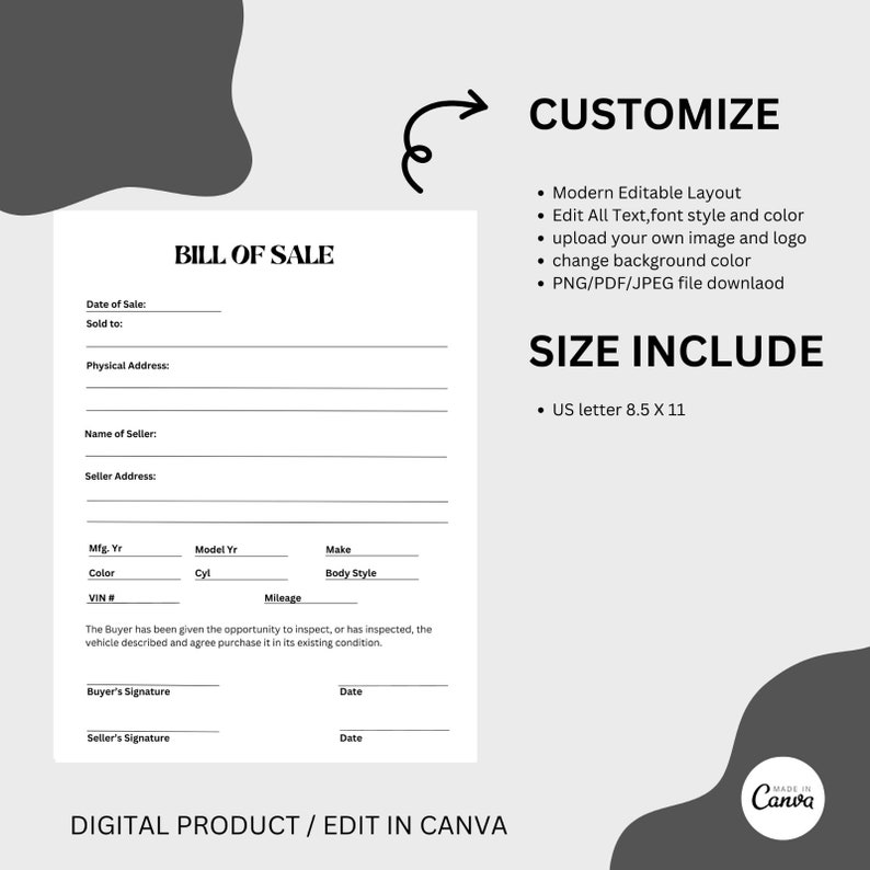 Moto Vehicle Bill of Sale, Car Sale Form, Bill of Sale Agreement, Bill ...