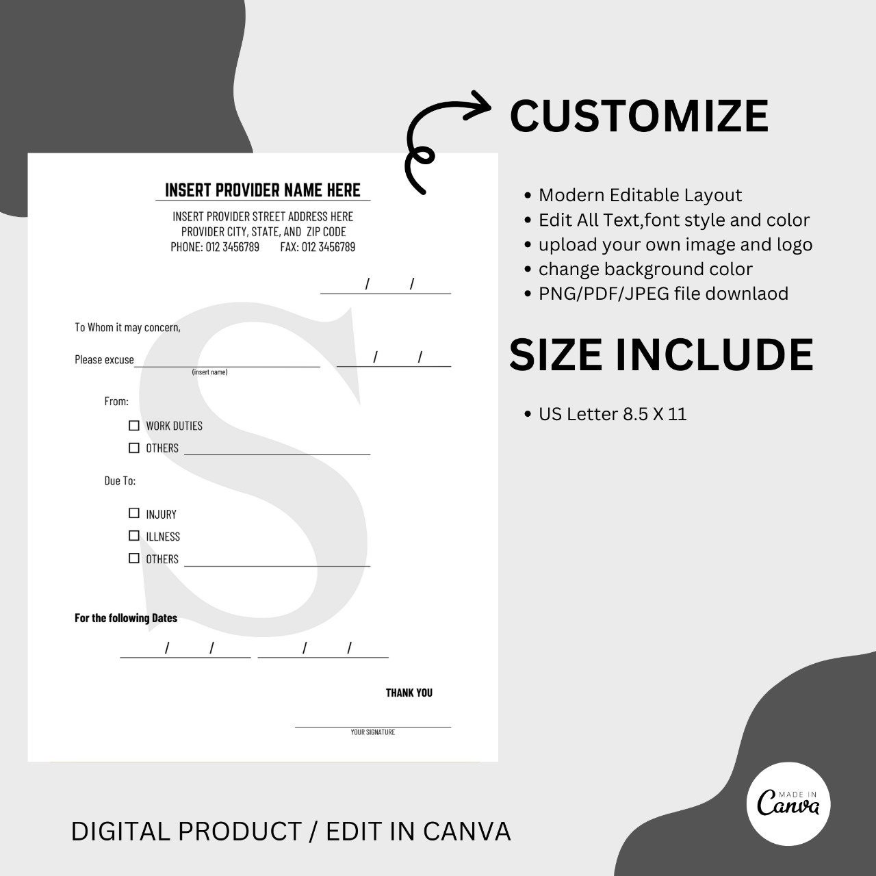 Editable Doctors Excuse Note, Printable Doctor Excuse Letter, Doctors ...