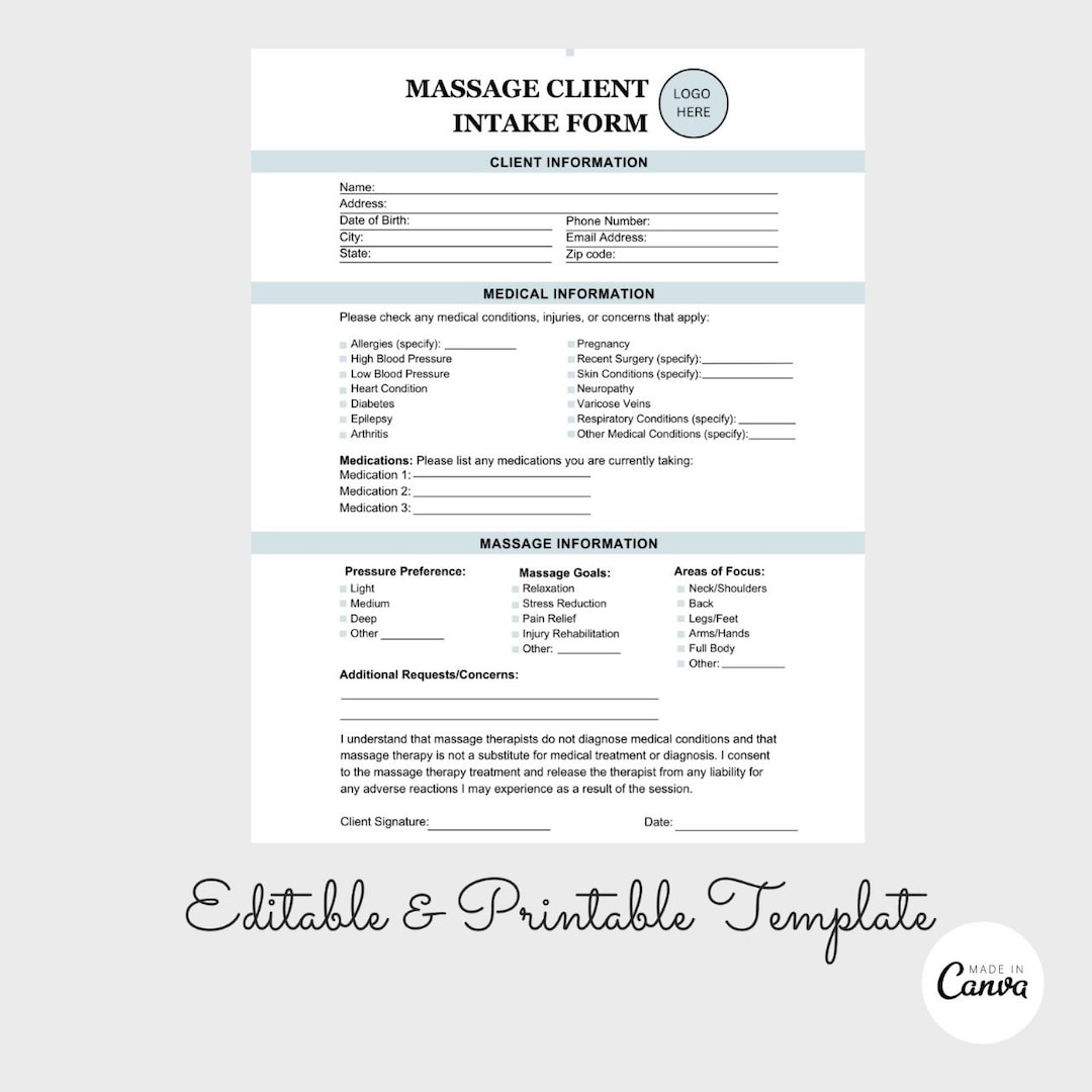 Massage Client Intake and Consent Form, Client Treatment Form, Massage ...