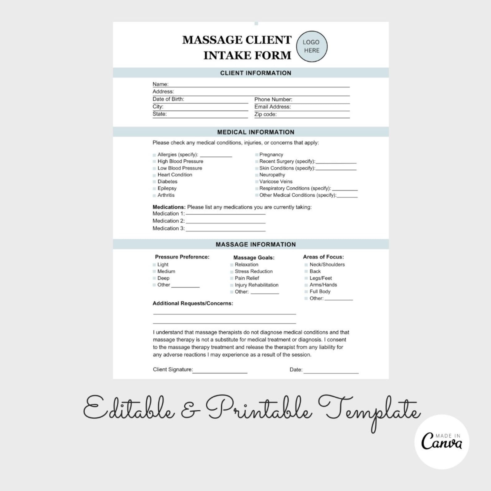 Massage Client Intake and Consent Form, Client Treatment Form, Massage ...
