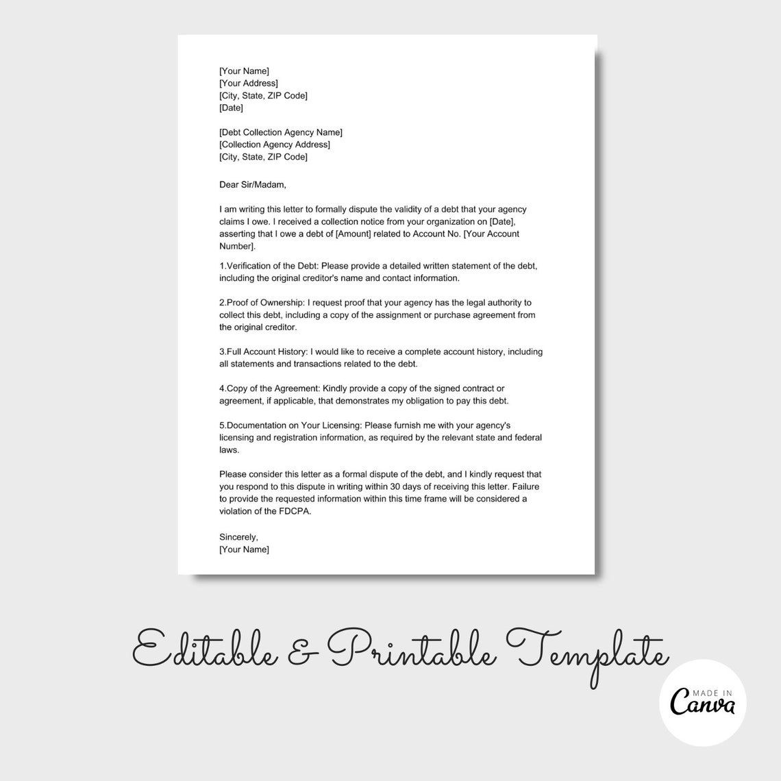 Debt Collection Dispute Letter, Debt Dispute Letter Template, Debt ...