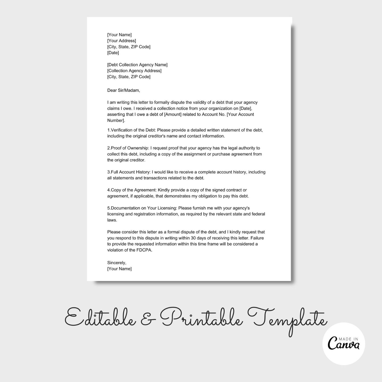 Debt Collection Dispute Letter Debt Dispute Letter Template Debt Validation Letter Pdf Etsy