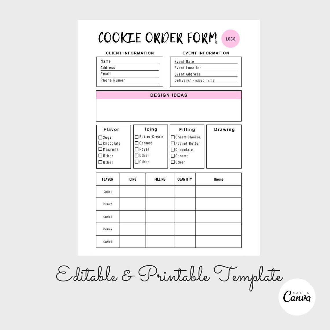 Custom Cookie Order Form, Bakery Order Form, Cake Order Form, Bakery ...