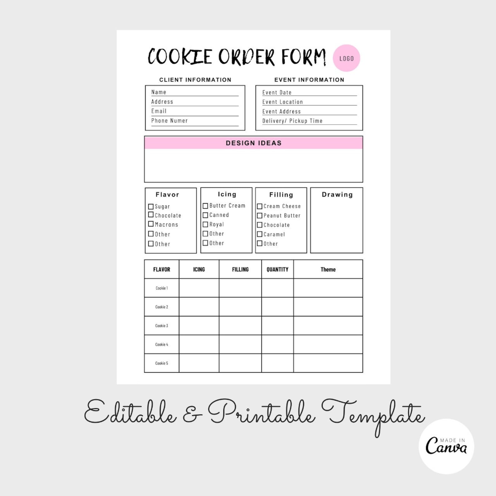 Custom Cookie Order Form, Bakery Order Form, Cake Order Form, Bakery Business Form, Home Bakery ...