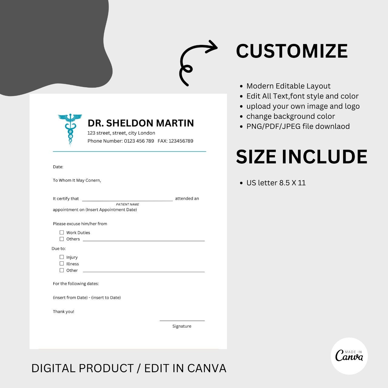 Editable Doctors Excuse Note, Printable Doctor Excuse Letter, Doctors ...